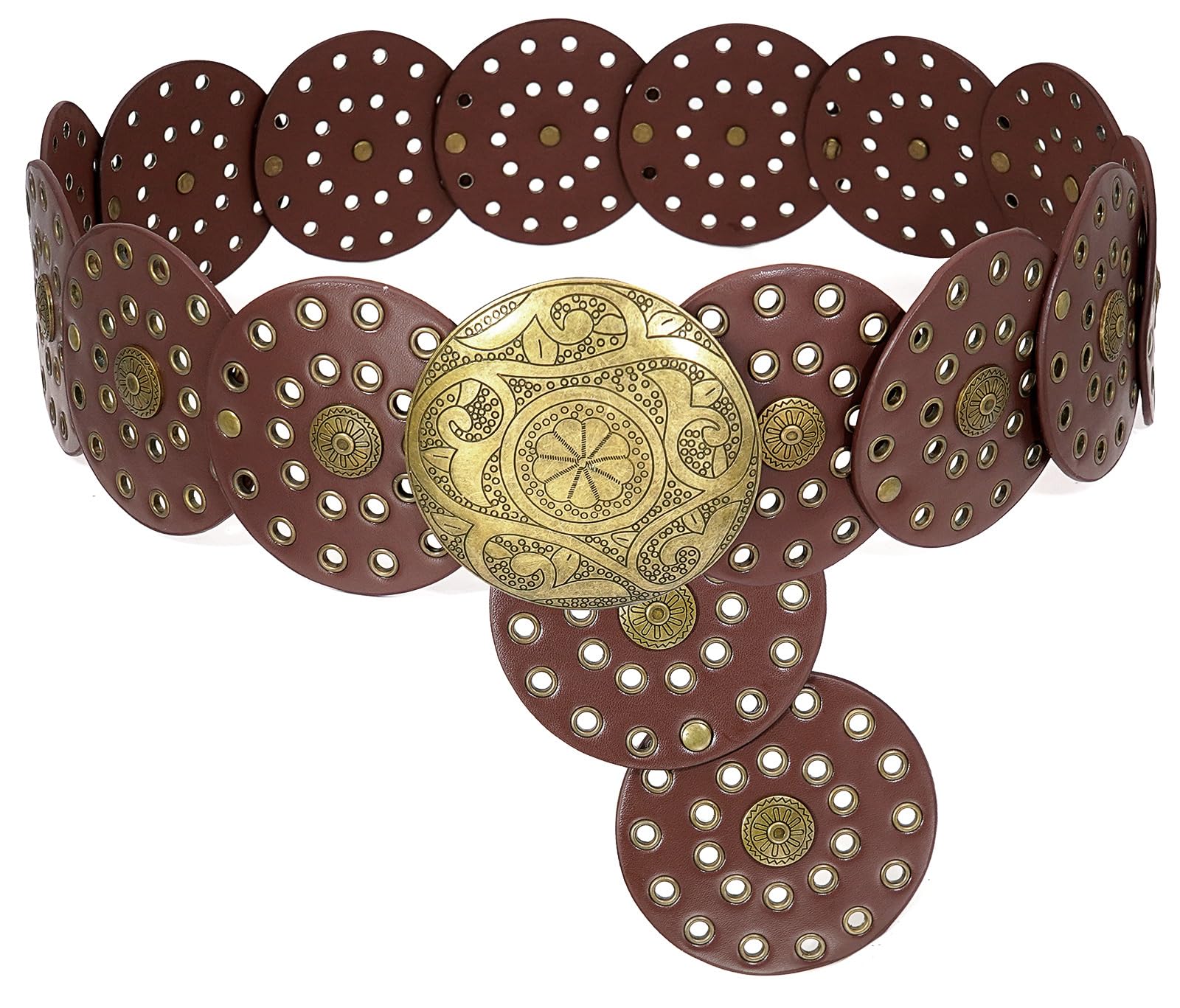 Buywis Wide Disc Belt for Women Boho Disk Concho Leather Belts Western Waist Belts for Dress 115CMBrown