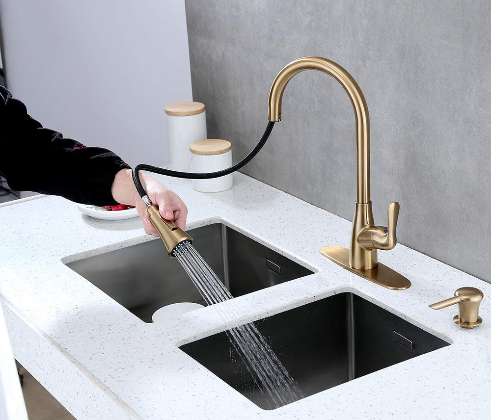 Derengge Brushed Gold Kitchen Faucet Single Handle Pull-Down Kitchen Sink Faucet with Soap Dispenser and Deck Plate, Faucet for Farmhouse, Camper, Laundry, Rv, Bar,KF-058DS-CS