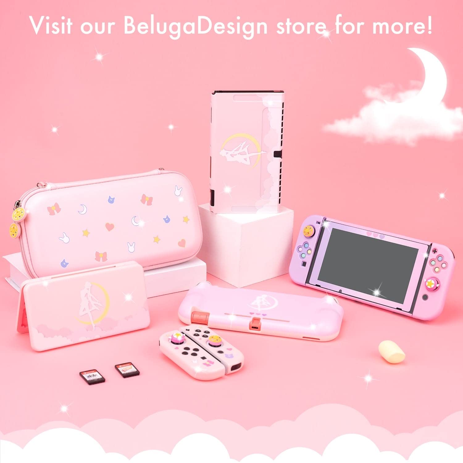 BelugaDesign Anime Moon Bundle | Pink Pastel Carry Case Shell Cover Thumb Grips | Cute Kawaii Magical Girl Japanese Travel Protective Set | Compatible with Nintendo Switch OLED