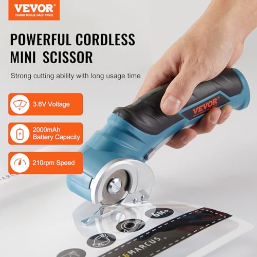 VEVOR Cordless Electric Scissors, 3.6V 2000mAh Mini Electric Rotary Fabric Cutter, 1.6" Sharp Blade, with Replacement Blade and Battery Charger, for Cutting Carpet, Cardboard, Leather, Paper, Plastic