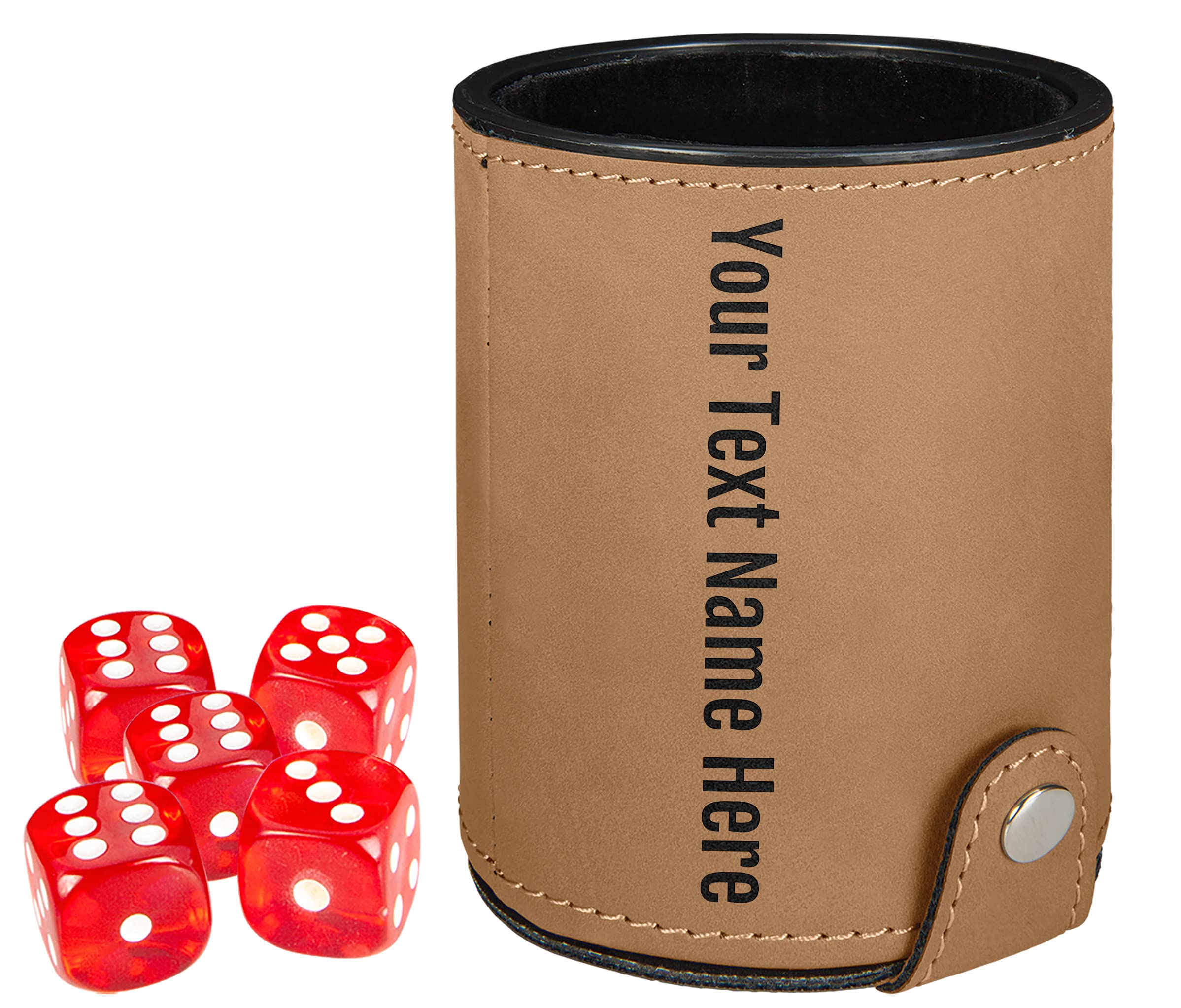 Leatherette Personalized Set of Dice Cup with Storage Compartment Customized PU Leather Dice Cup with 5 Red Dice Custom Gift (Light Brown)