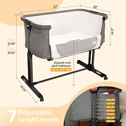 Li’l Pengyu Bedside Bassinet for Baby, Adjustable Baby Bassinets Bedside Sleeper with Cotton Mattress,Tool-Free Assemble Portable Rolling Cribs with Travel Bag Large Breathable Mesh (Gray)
