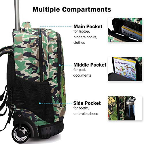 Tilami Rolling Backpack with Trolley Wheeled Design, Cute Cartoon Printed or Boys and Girls, Travel, School, Student Trip (19 Inch, Dinosaur)