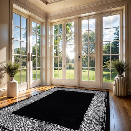 CAMILSON Bordered Black Rug 8x10 Area Rugs for Living Room Bedroom Kitchen Modern Soft Stain Resistant Non-Shedding Indoor Carpet (8 x 10 Black and Cream)
