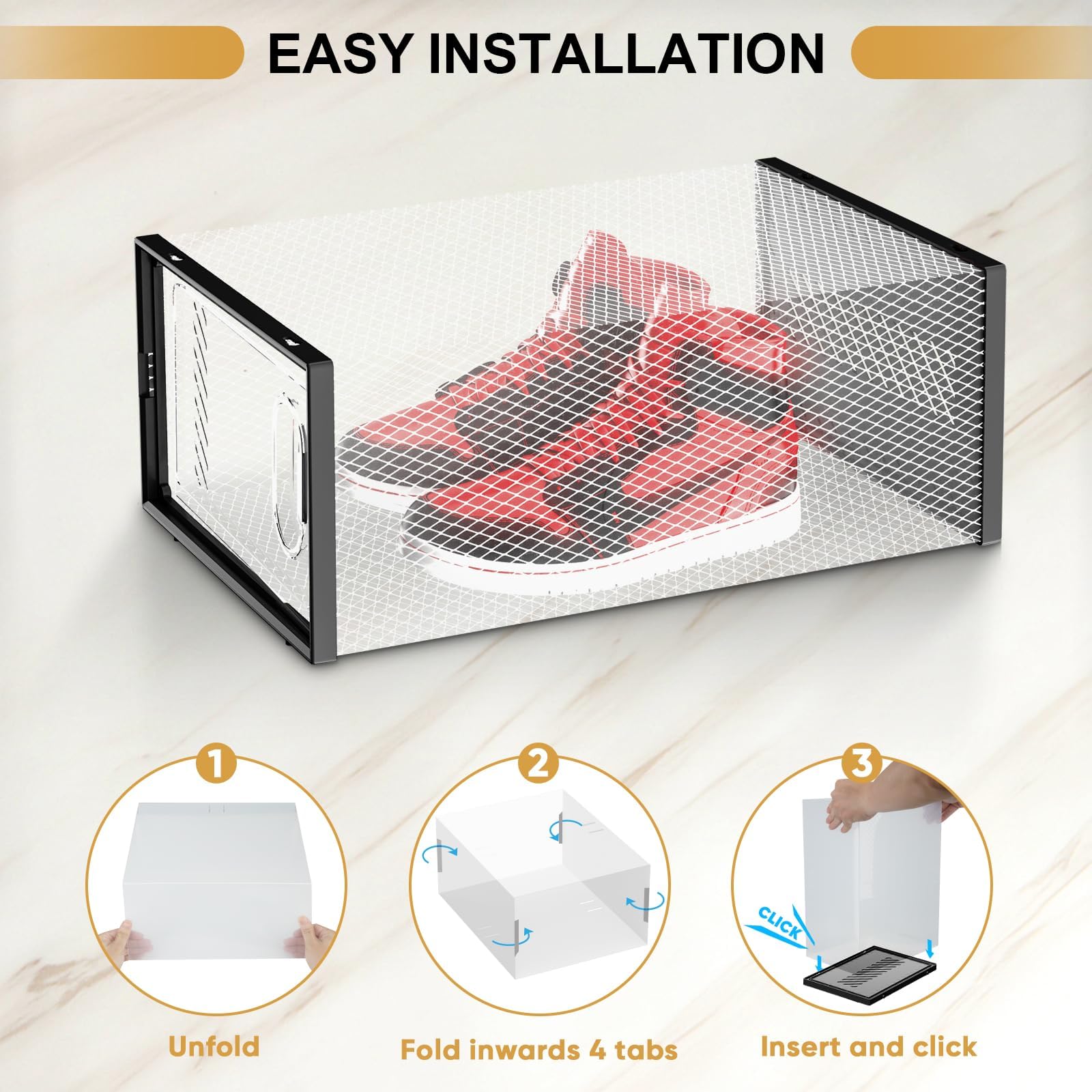 BALEINE 12 Pack Stackable Shoe Storage Boxes Fit Size 11, Thickened Clear Shoe Box Bins with Lids, Plastic Foldable Shoe Rack Organizer Sneaker Storage Containers (X-Large, Black)