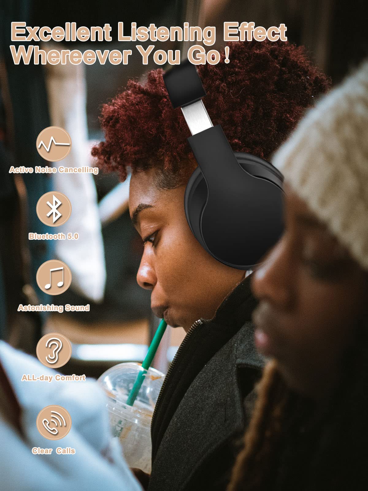 BASEMAN Active Noise Cancelling Headphones - Over-Ear Deep Bass Bluetooth Wireless Headphones with Built-in Mic, Foldable Headset for Travel, Work [Comfortable Ear-Pads, Long Battery Life] - Black