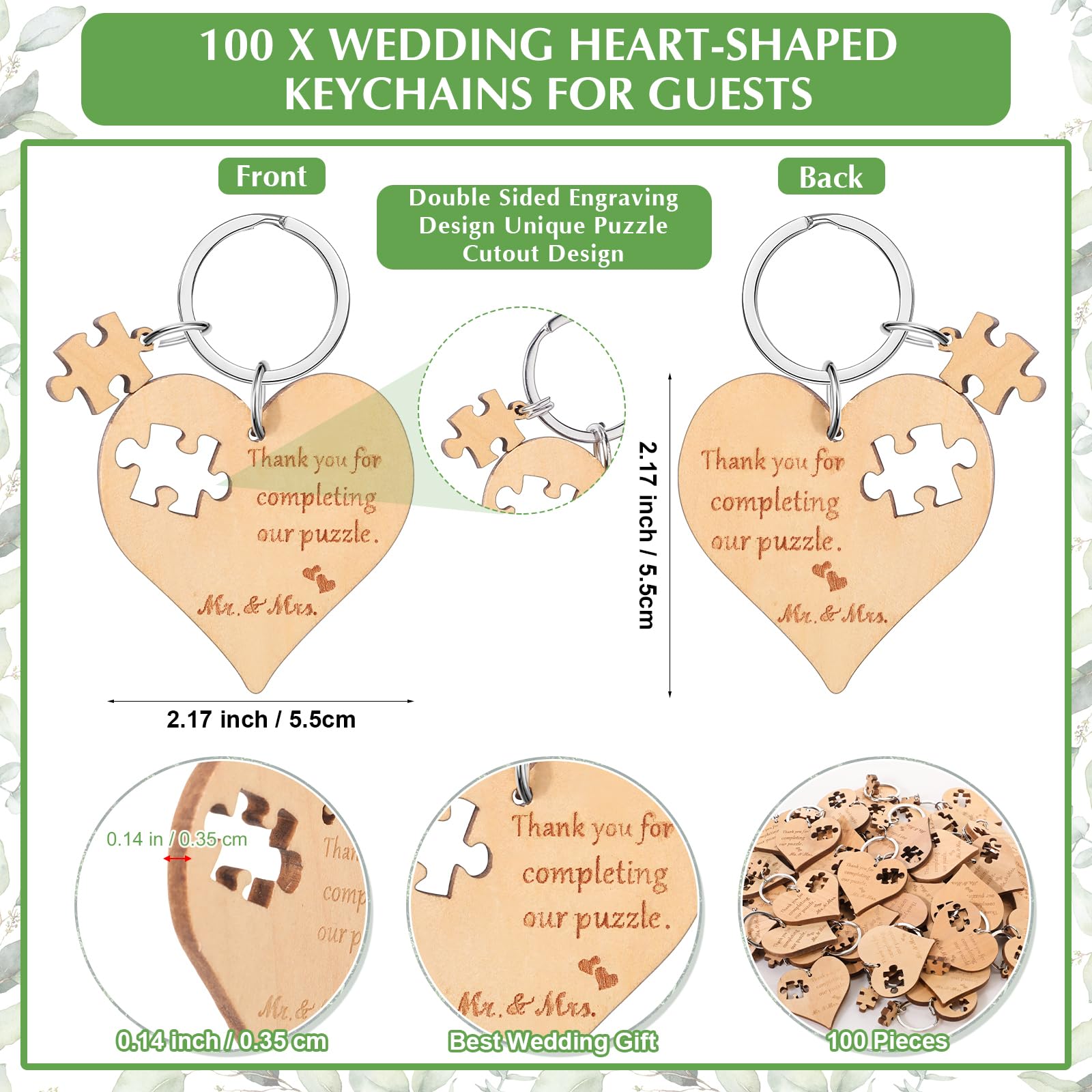 Seeloowy 50 Sets Wedding Souvenir for Guests Includes Wood Heart Puzzle Keychain Cards and Gift Bags Rustic Wedding Favors for Guests