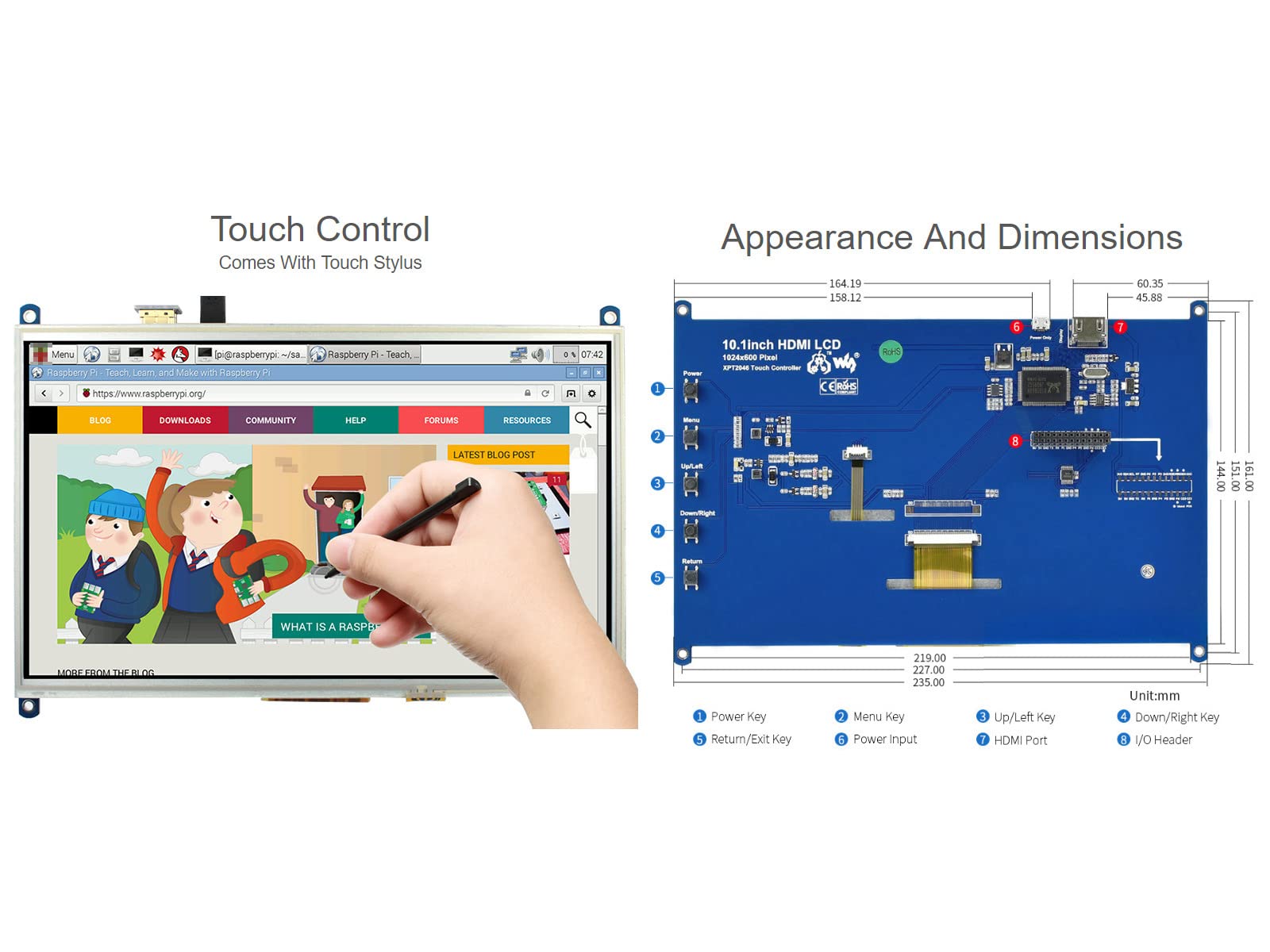 waveshare 10.1inch Resistive Touch Screen LCD Compatible with Raspberry Pi 4B/3B+/3A+/2B/B+/A+/Zero/Zero W/WH/Zero 2W CM3+/4 1024×600 Resolution HDMI IPS Supports Windows