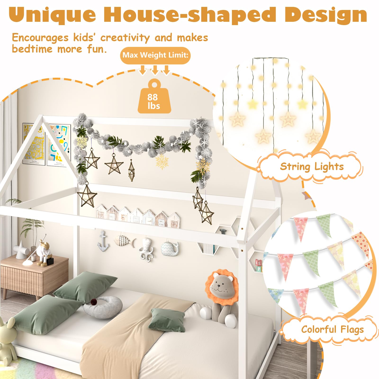 KOMFOTT Twin House Bed Frame for Kids, Solid Wood Kids Platform Floor Bed with Roof & Multiple Slats, Toddler Floor Tent Bed Frame for Girls Boys, No Box Spring Needed (White)