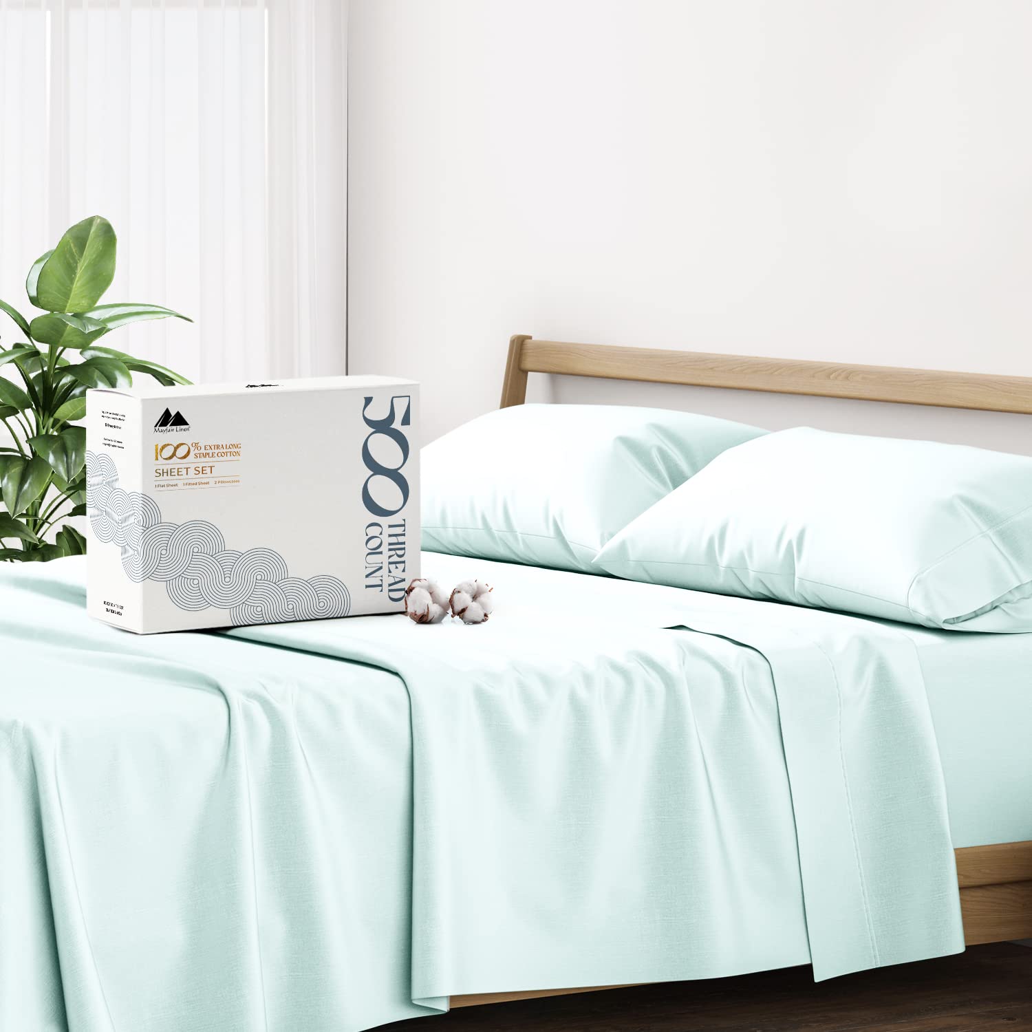 Mayfair Linen Twin Sheets Set Cotton - 500 Thread Count 100% Cotton Twin Sheet Set, 3 PC Twin Sheets, Cooling & Luxury Sateen Sheets, 16" Deep Pockets Easy Fit, Breathable Cotton Sheets (Sea Foam)