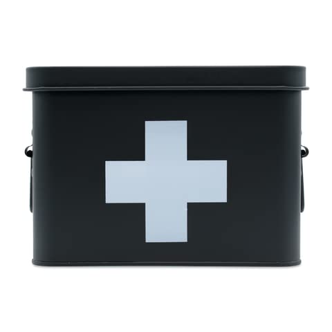 AQ - Matte Black & White First Aid Box, First Aid Kit Tin with Compartments, Side Handle & Minimalist Design, Portable First Aid Tin for Your Car, Camping, Office, Clinics, Keep Supplies Organized