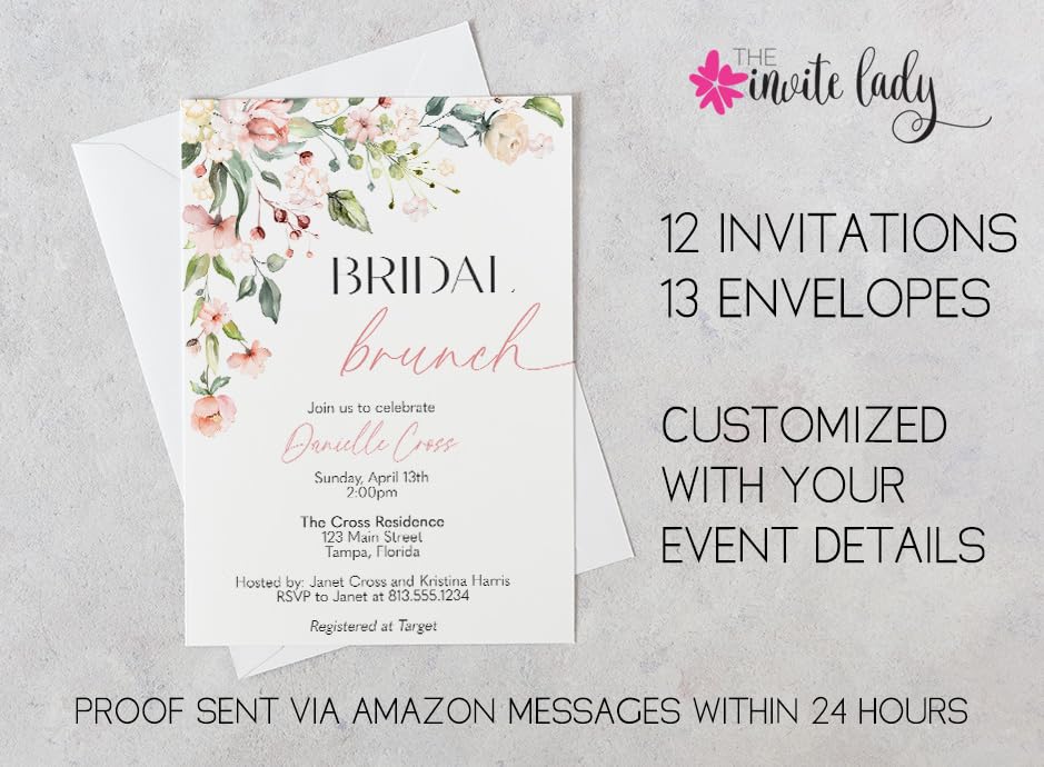 Bridal Shower Invitation Wedding Shower Invite Bridal Brunch Floral Flowers Pink Blush Spring Printed Cards Customized Personalized Cards (12 Count)