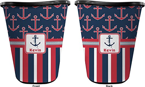 RNK Shops Nautical Anchors & Stripes Waste Basket - Double Sided (Black) (Personalized)