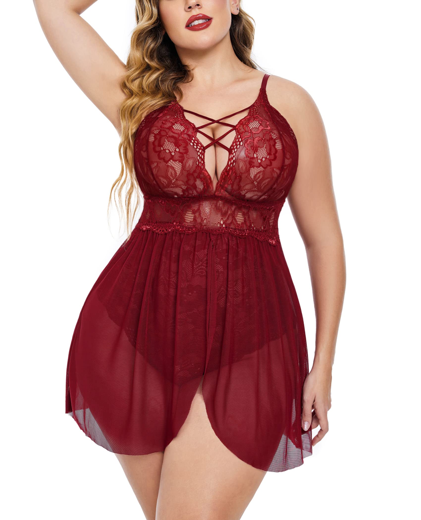 Avidlove Plus Size Babydoll For Women Sexy Nightgowns For Women Plus Size Lingerie (Wine Red, XL)