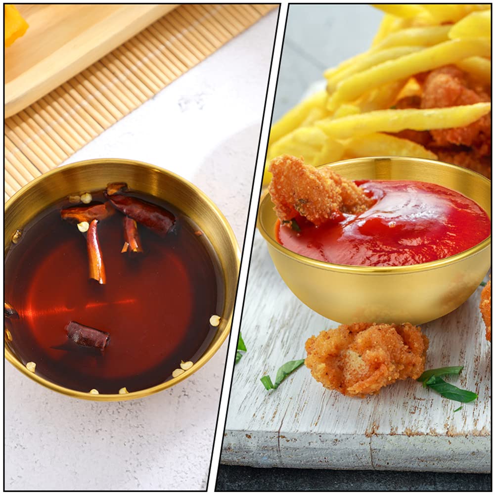 BESTonZON Sauce Dish 8pcs Golden Dipping Bowls, Stainless Steel Dip Soy Sauce Dishes & Bowl, Multipurpose Side Dish for Sauce, Condiments, Sushi, BBQ - Chip and Dip Serving Bowl Set