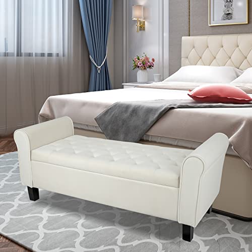 Babion Storage Bench End of Bed, Velvet Ottoman Bench with Storage and Arms, Upholstered Fabric Storage Ottoman Bench with Button Tufted, Storage Bench for Bedroom Living Room(White)