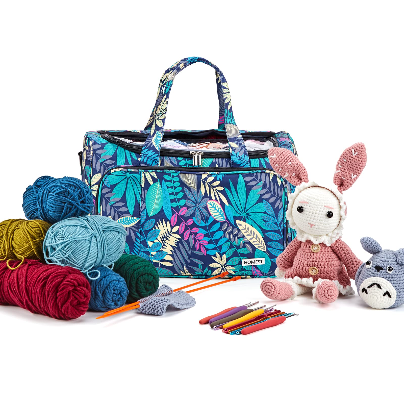 HOMEST Yarn Storage Bag, Knitting Tote with Removable Inner Dividers, Floral