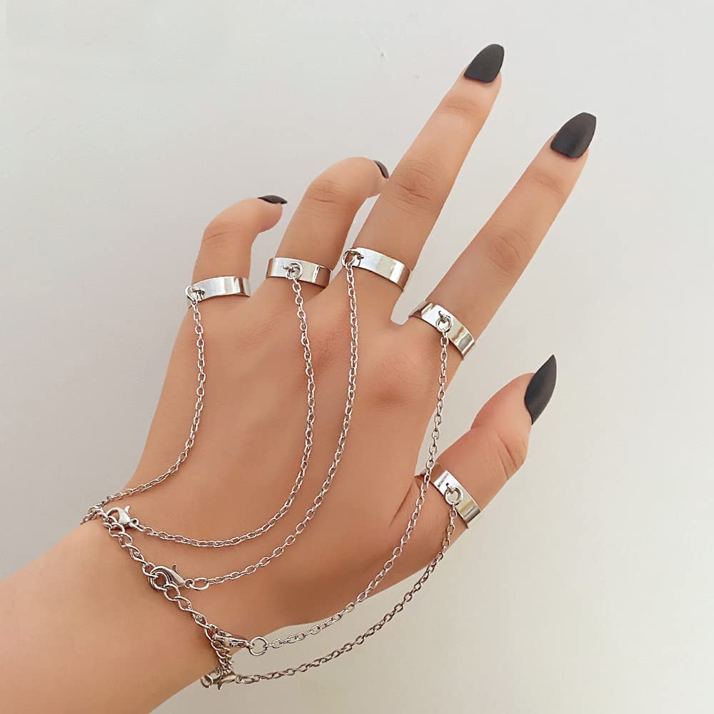 BENBIYO Chain Finger Rings Bracelet Adjustable Stainless Steel Silver Gothic Punk Cool Statement Stackable Rings for Eboy Egirls Women