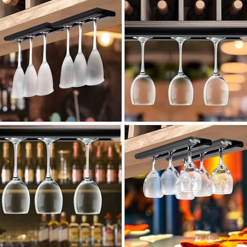 AQJUNONG Wine Glass Holder Under Cabinet,Aluminum Wine Glass Rack 2 Pack, Under Cabinet Wine Glass Holder, Under Shelf Mounted Stemware Rack for Bar Kitchen, Hanging Stemware Rack.(Black)