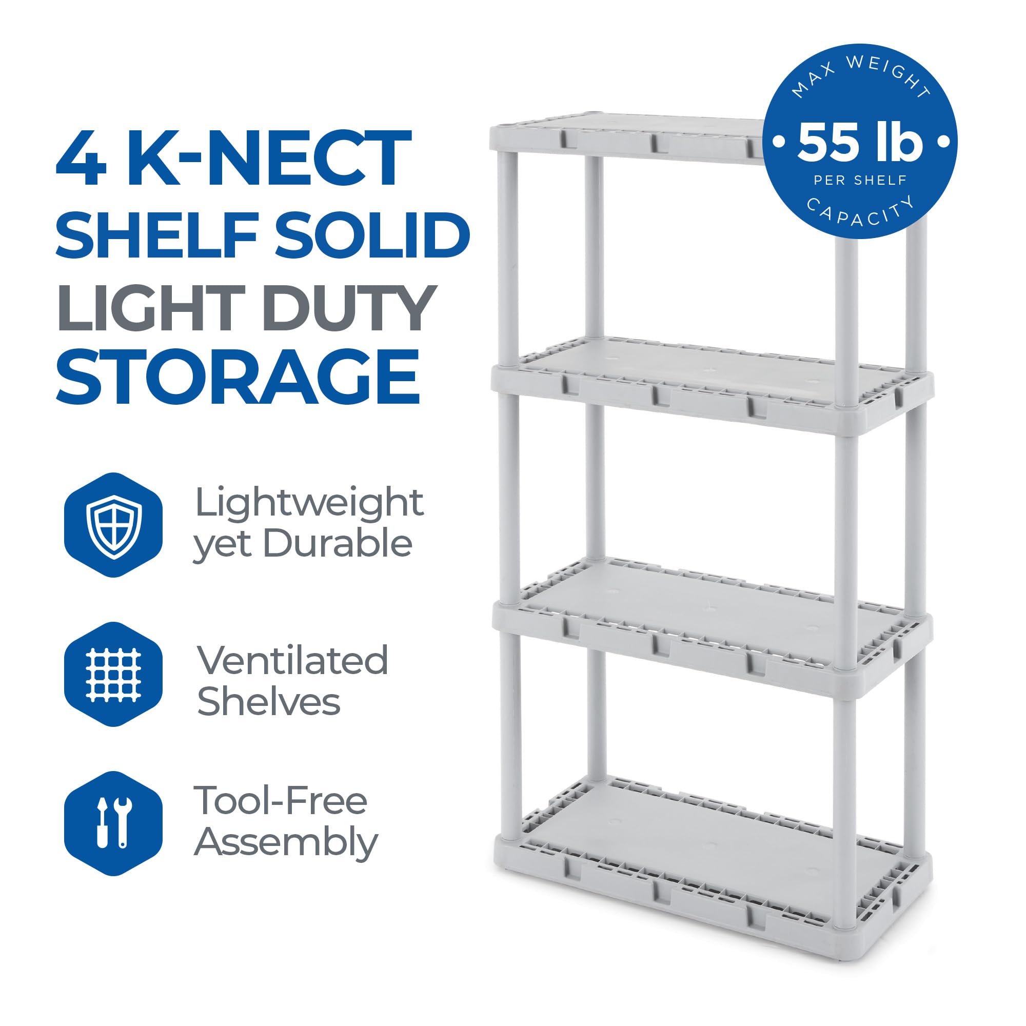 Gracious Living 4 Shelf Knect-A-Shelf Ventilated Light Duty Storage Unit Organizer System for Home, Garage, Basement, and Laundry, Gray.