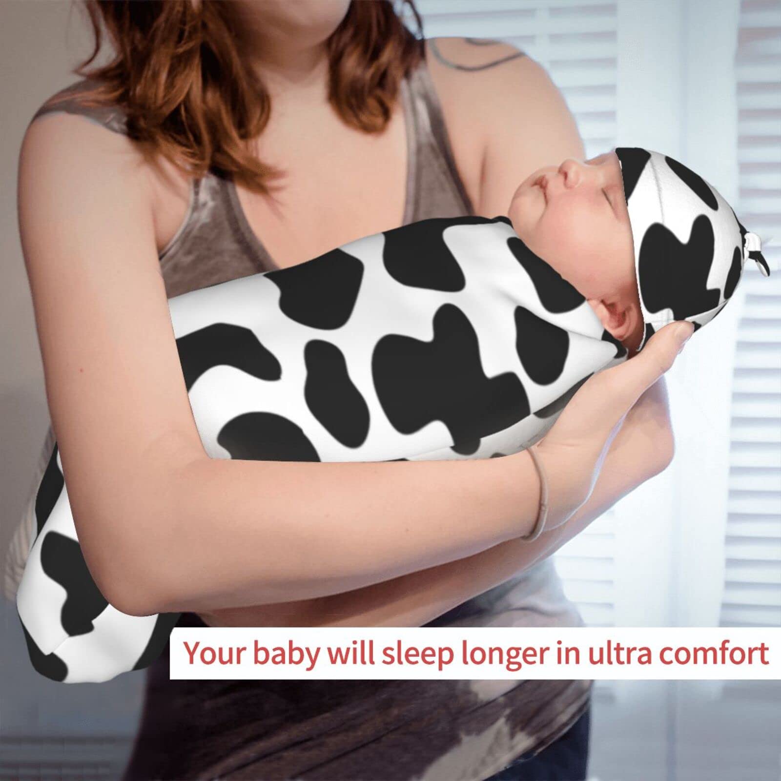Black and White Cow Print Baby Stuff Swaddle Blanket Hat Set,Soft and Stretchy Infant Receiving Blanket for Newborn, Swaddle Sack Wrap for Boy/Girl
