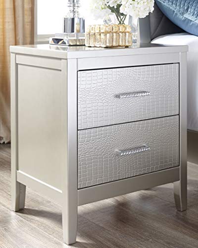 Signature Design by Ashley Olivet Glam 2 Drawer Nightstand with Faux Shagreen Drawer Fronts, Silver