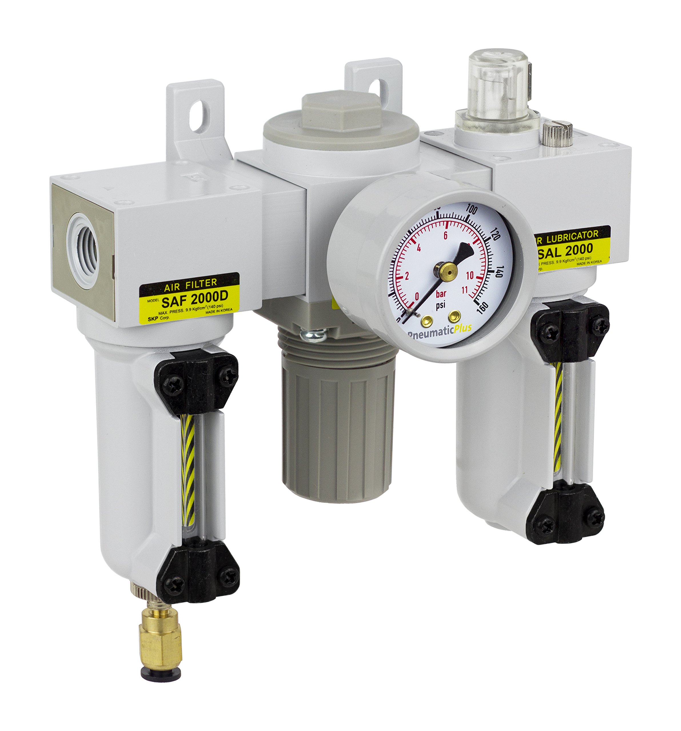 PneumaticPlus SAU2000M-N02DG-MEP Mini Three-Unit Combo Compressed Air Filter Regulator Lubricator FRL, Air Preparation Unit 1/4" NPT - Metal Bowl, Auto Drain, Gauge