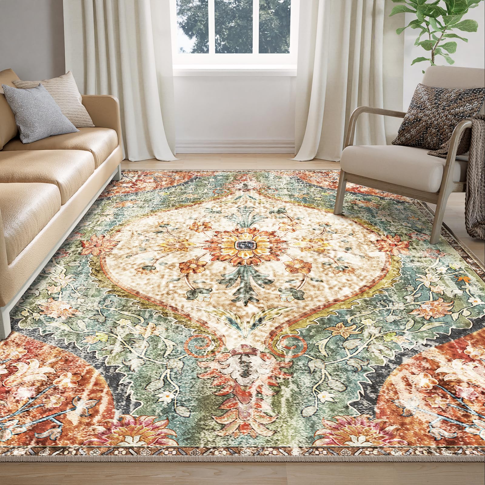 CAPALOCA 5x7 Area Rugs for Living Room Machine Washable Vintage Boho Rugs Bedroom Carpet Non Slip Low Pile Water Repellent Soft Print Pattern Indoor Decor Area Rug Polyester Beigered/Green