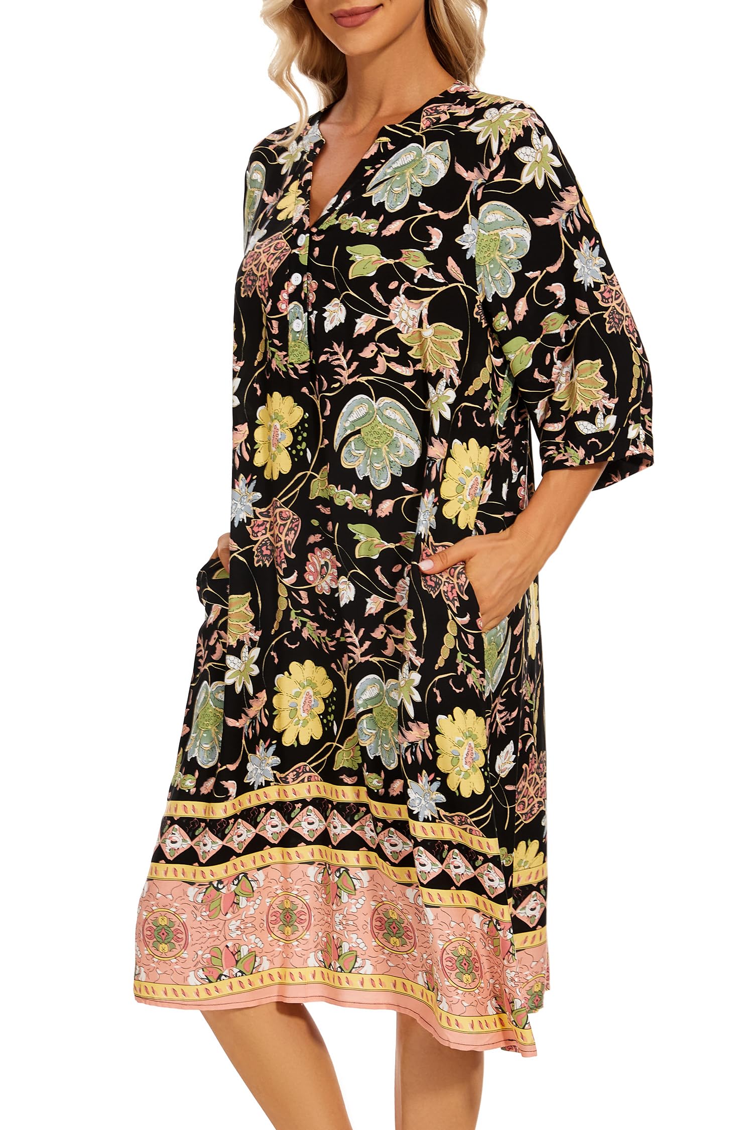 AVIIER House Dress Womens 3/4 Sleeve Floral Print Nightdress with Pockets (Black Flower, Large)