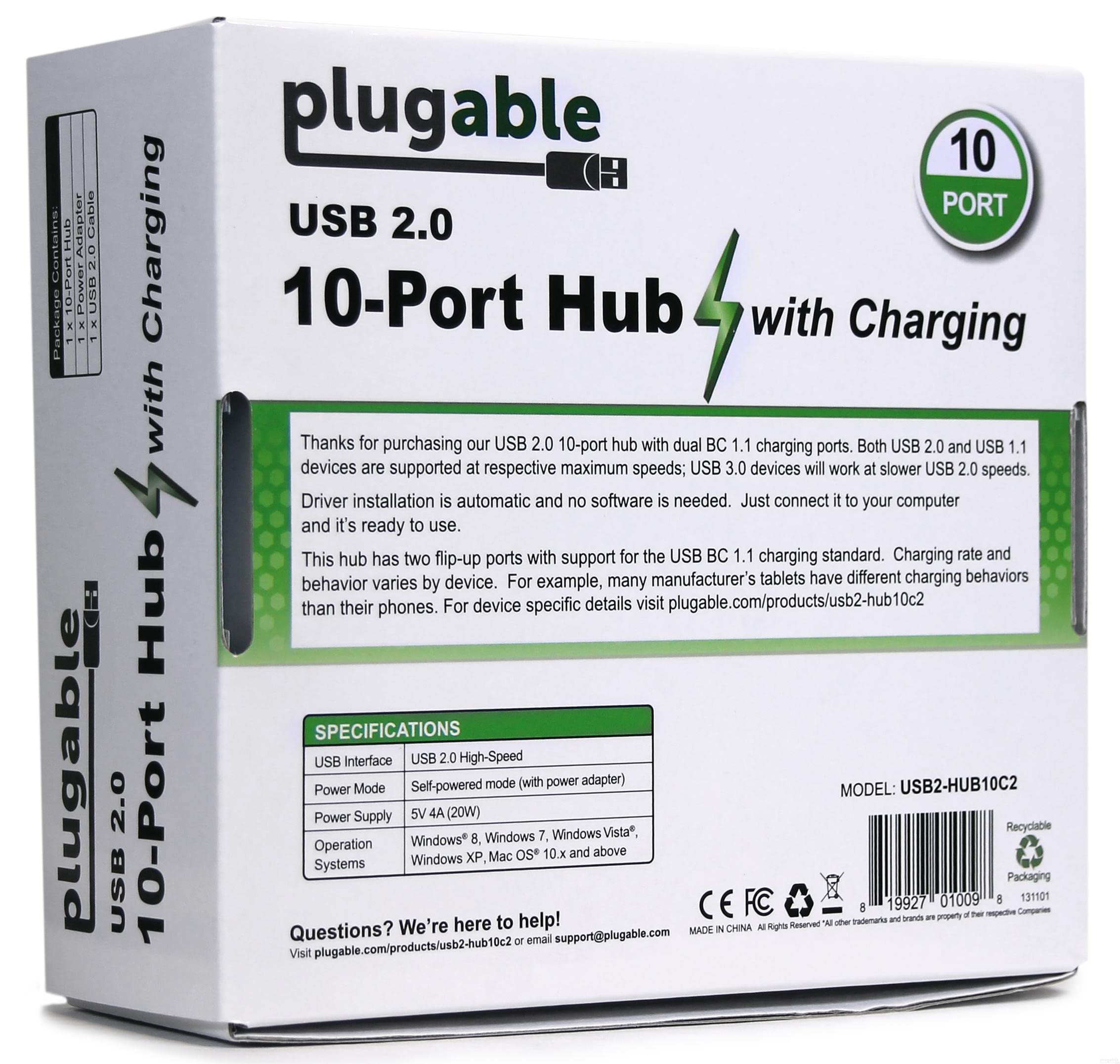 Plugable USB Hub, 10 Port - USB 2.0 with 20W Power Adapter, Two Flip-Up Ports and Driverless