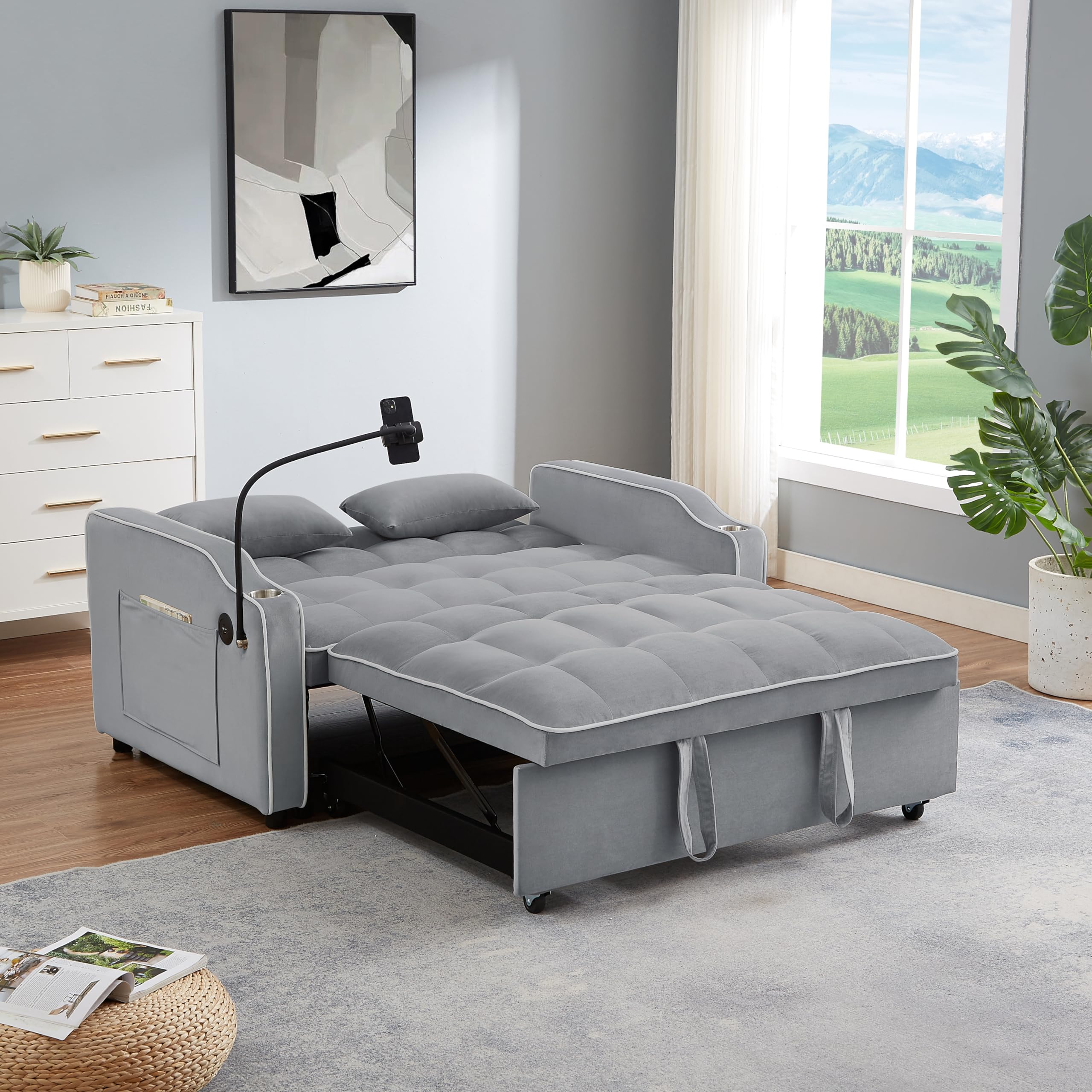 Bellemave Foldable Sofa Bed with USB Charging Ports, Pull Out Velvet Loveseat Sleeper with Swivel Phone Holder, Modern Futon Couch with Cup Holders and Adjustable Backrest, for Living Room, Gray