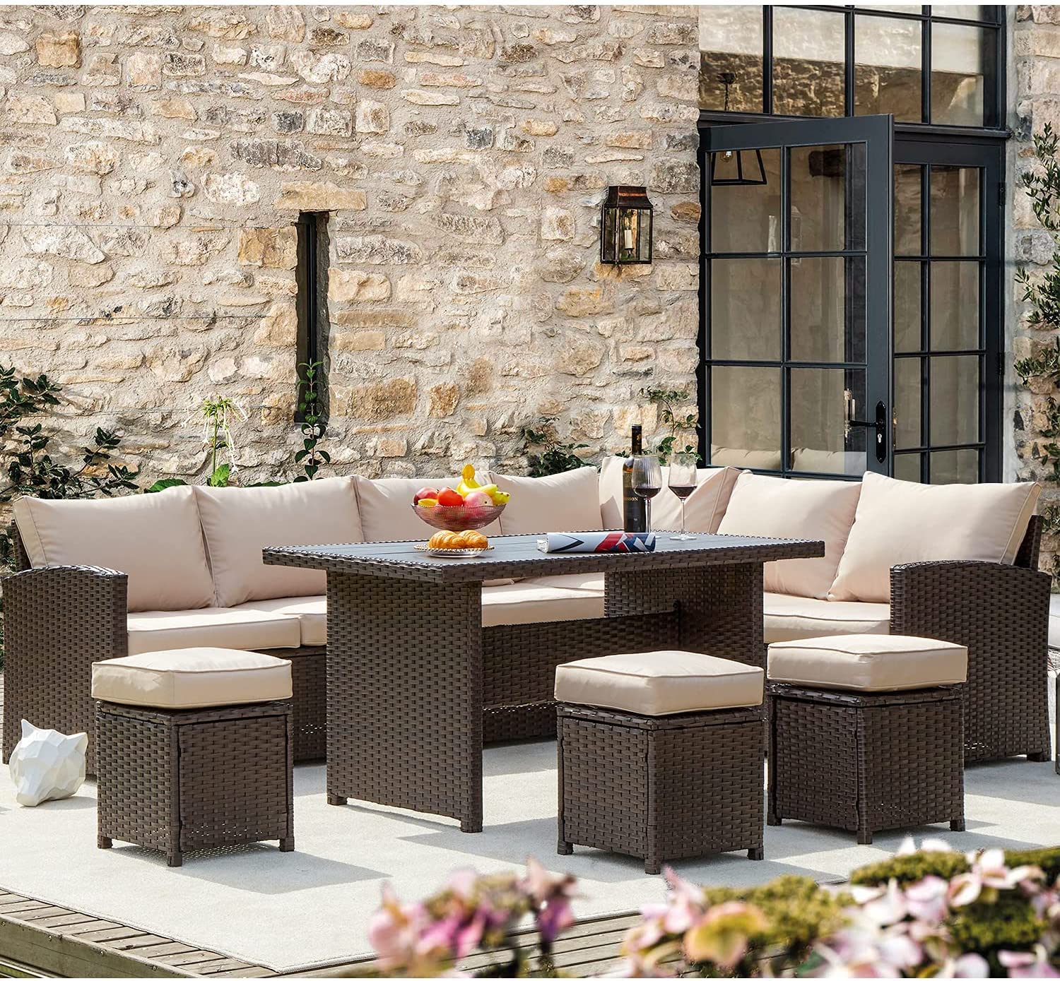 U-MAX 7 Pieces Patio Furniture Set Outdoor Sectional Sofa Conversation Set All Weather Wicker Rattan Couch Dining Table & Chair with Ottoman, Khaki Cushion