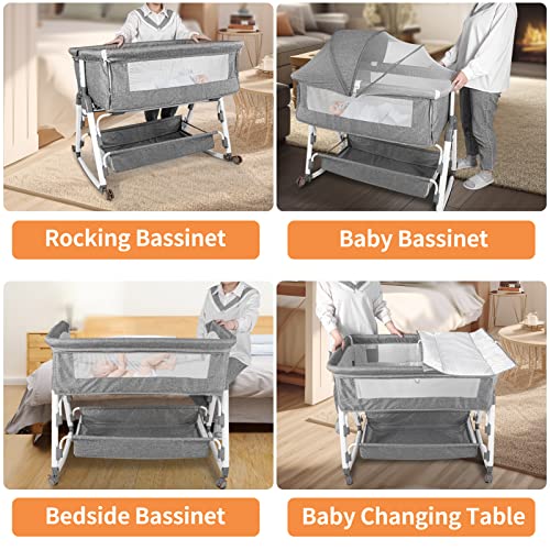 Baby Bassinet, Bedside Bassinet for Baby, Bassinet Bedside Sleeper with Wheels, 5 Height Adjustable, Baby Bassinet Sleeper Included Mosquito Net + Storage Basket… Grey