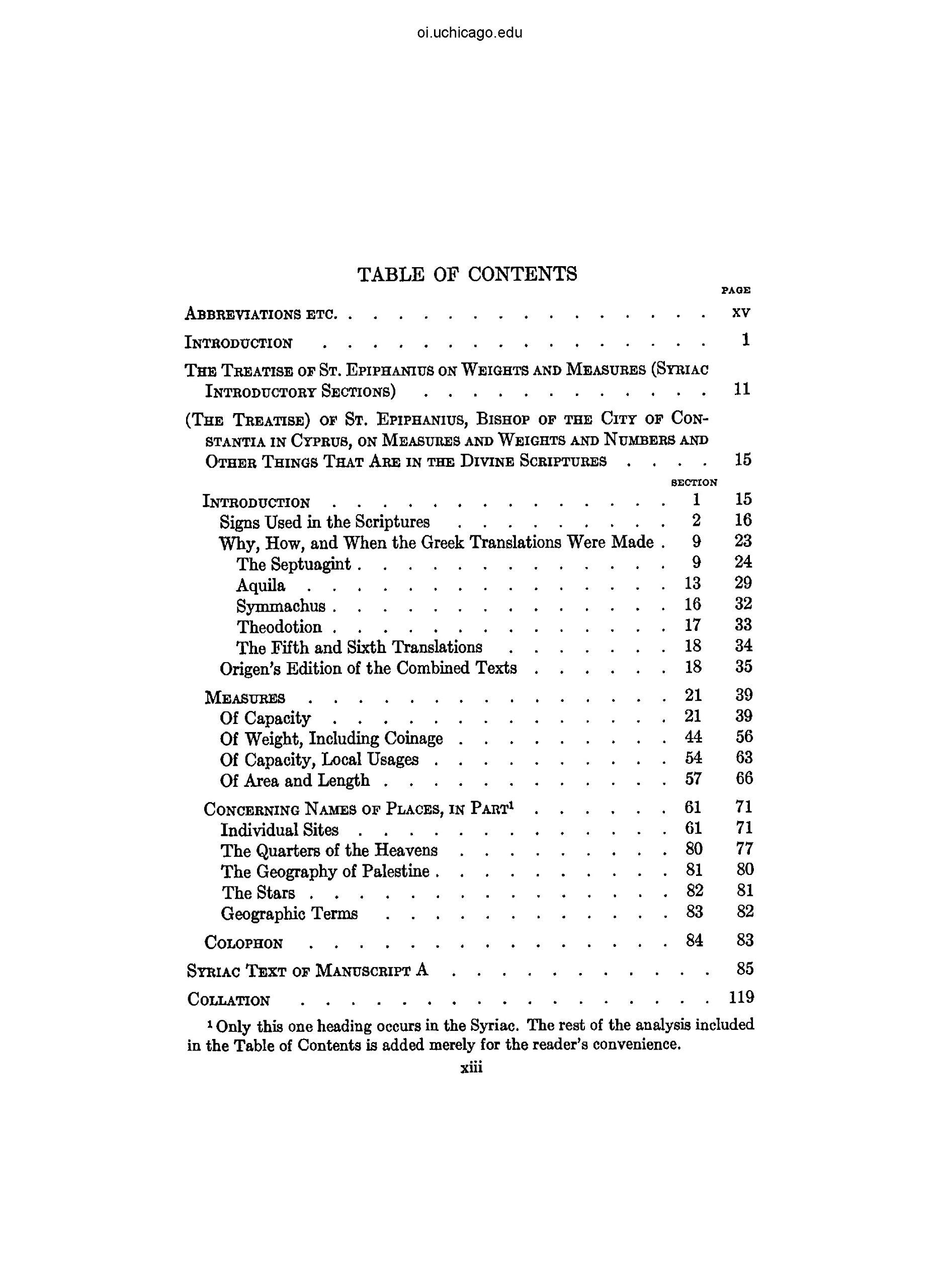 EPIPHANIUS' TREATISE ON WEIGHTS AND MEASURES, THE SYRIAC VERSION. STUDIES IN ANCIENT ORIENTAL CIVILIZATION NO. 11 [LARGER PRINT. ReImaged Loose Leaf Facsimile Edition.]
