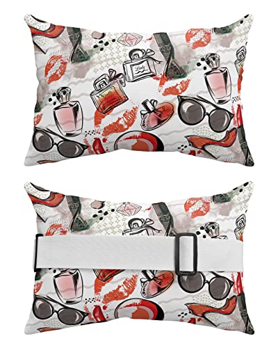HilariousM Modern Lady Outdoor Pillows for Chaise Lounge Chair, Perfume Lipstick High Heels Waterproof Lumbar Head Support Pillow with Adjustable Elastic Band for Pool Patio Furniture Decorative