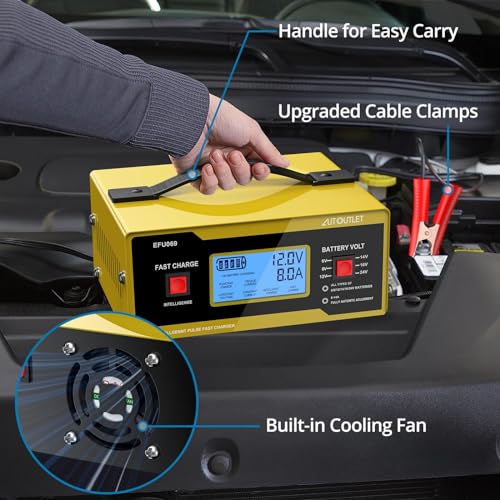 AUTOUTLET 6/8/12/14/16/24V Battery Charger Automotive Smart Car Battery Charger and Trickle Maintainer 0-10A Fully Automatic with Cable Clamps