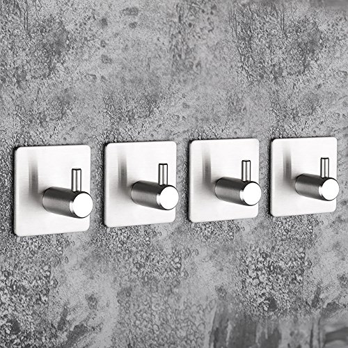 SKEMIX Self Adhesive Hooks,Heavy Duty Wall Hooks Coat Hooks Robe/Towel Hooks, 304 Stainless Steel Brushed Nickel Bathroom Kitchen Organizer (4-Pack)