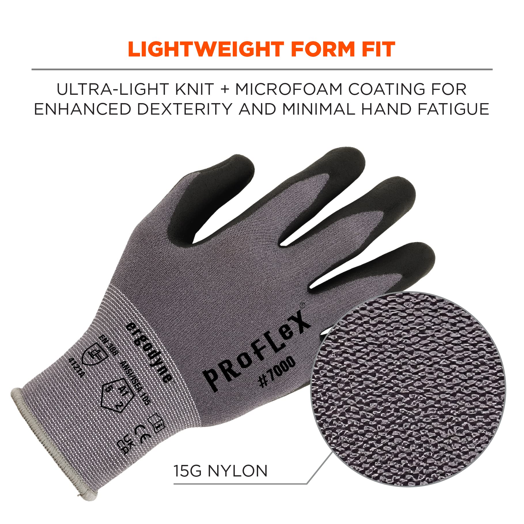 Ergodyne ProFlex 7000 Nitrile Coated Work Gloves, Foam Nitrile Palms for Flexible No Slip Grip, Abrasion Resistant, 15g, Touchscreen Capable, Gray, Medium