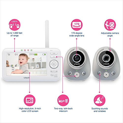 VTech VM352-2 5” Digital Video Baby Monitor with 2 Cameras, Wide-Angle Lens and Standard Lens, Silver and White