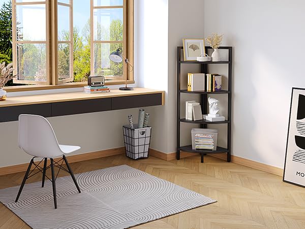 SAYGOER Corner Bookshelf 4 Tier Stand Corner Ladder Shelf Modern Storage Organizer Bookcase Industrial Display Rack Shelves for Small Space, Living Room,Home Kitchen,Office, Black