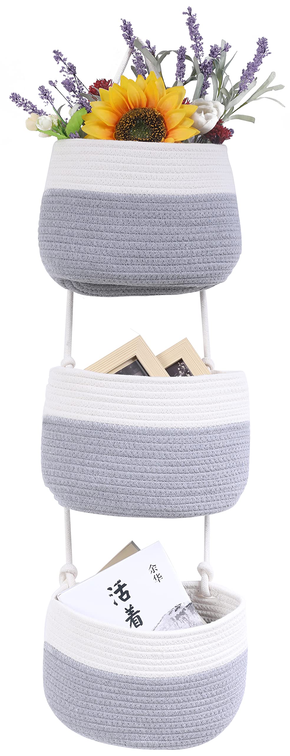 Over the Door Hanging Baskets for organizing, 3-Tier over the door Storage Organizer, wall Hanging organizer, Decorative Hanging Wall Basket for Bathroom, Back of Door Storage Organizer (White-gray)