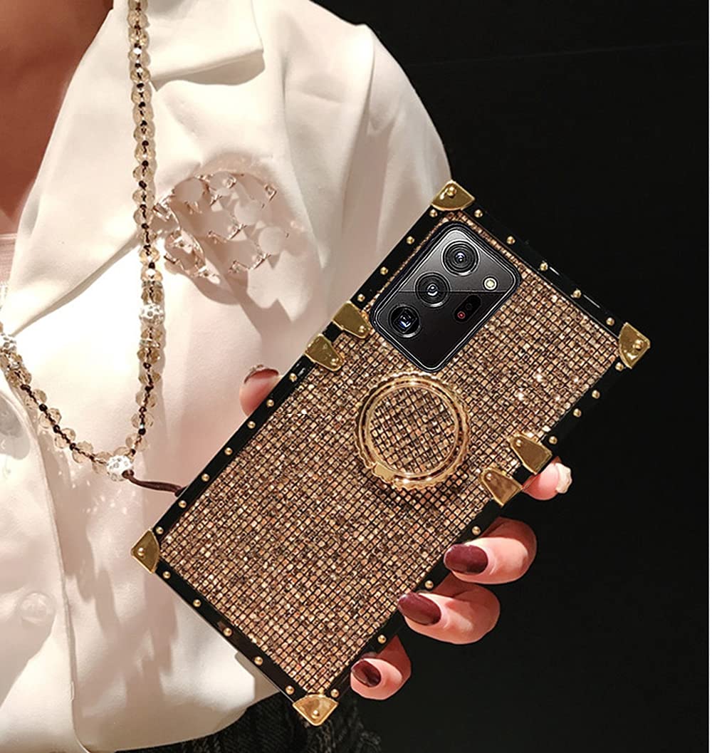 Babemall Compatible for Samsung Galaxy Note 20 Ultra 5G Case, Bling Glitter Protective Plating Decoration Corner Back Cover Case with 360 Degree Ring Holder and Bead Chain (Gold)