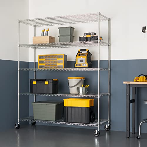 TRINITY BASICS TBFC-0931 5-Tier Adjustable Wire Shelving with Wheels for Kitchen Organization, Garage Storage, Laundry Room, NSF Certified, 600 to 2250 Pound Capacity, 60β by 24β by 77β, Chrome