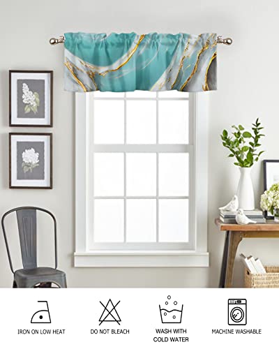 Marble Auqa Valance Curtains for Living Room/Bedroom/Bathroom/Kitchen Window,Rod Pocket Window Valance Tiers Small Window Curtain Drape Window Panel Treatment,Modern Abstract Gold White Art 1 Panel