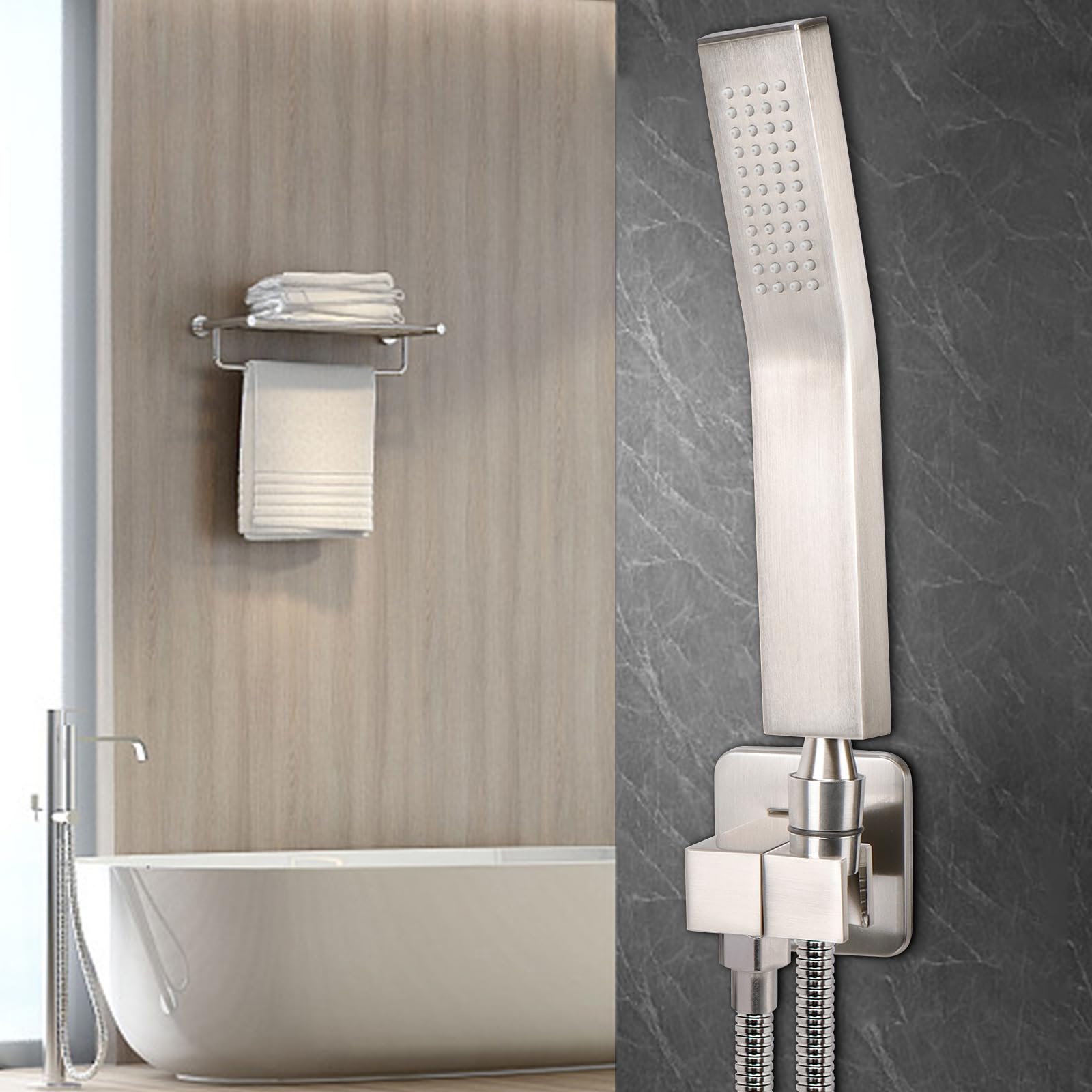 NearMoon Brass Hand Held Shower Head, Luxury High Pressure Showerhead Kit with Wall Connector and Hose Set, for Bathroom Showering System Contemporary Square Style (Brushed Nickel)