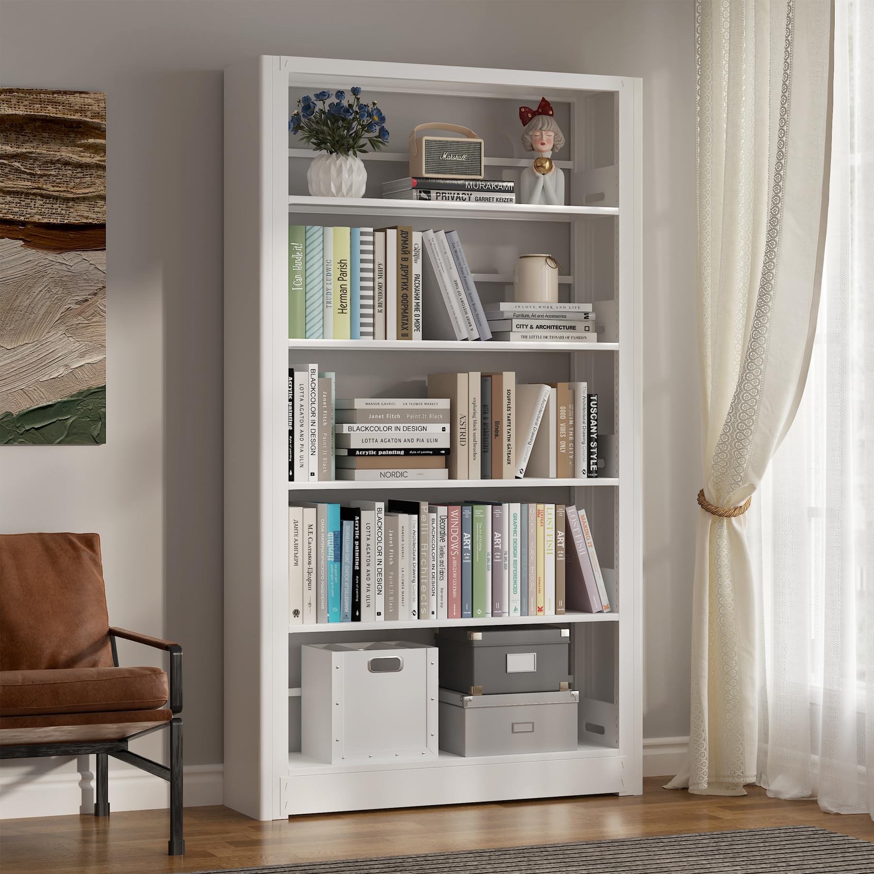 RpAosd Metal Bookshelf, 69" Heavy Duty Bookcase with 5 Adjustable Shelves, Open Shelf Bookcase, Free-Standing Library Bookshelf for Home Office, Library, Bedroom, Living Room (White)