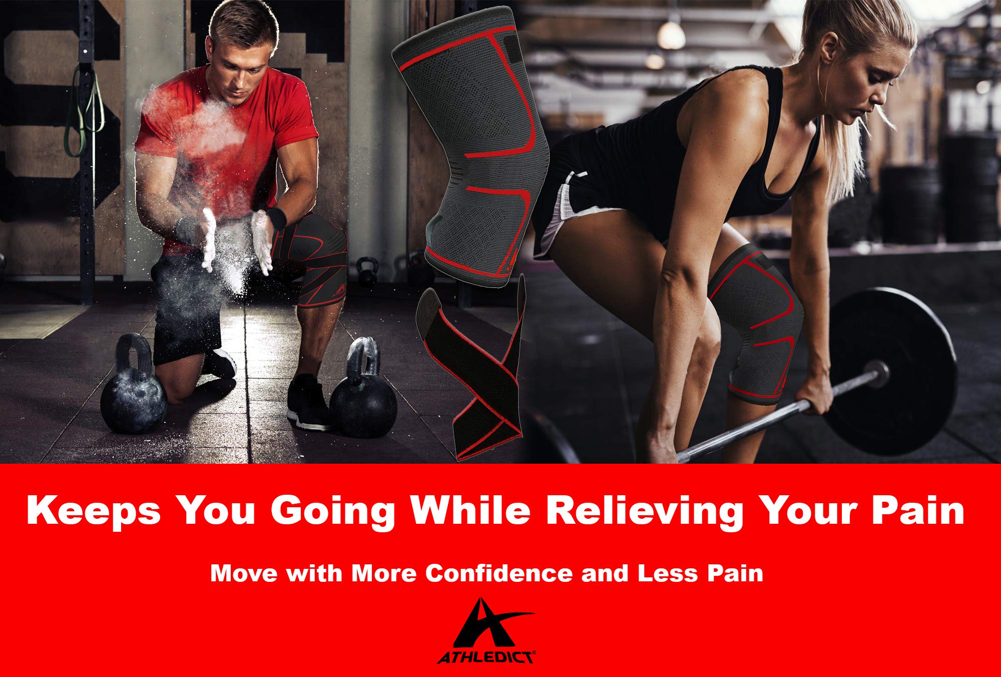 ATHLEDICT Knee Brace Compression Sleeve with Strap for Best Support & Pain Relief for Meniscus Tear, Arthritis, Running, Basketball, MCL, Jogging, Post Surgery Recovery for Men & Women, L