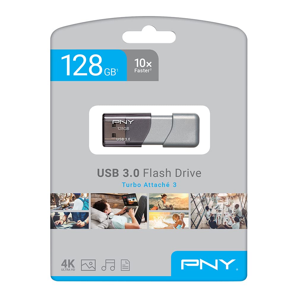 PNY 128GB Turbo Attache 3 USB 3.0 Flash Drive, Grey (Pack of 1)