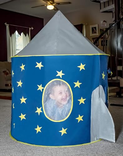 FoxPrint Rocket Ship Tent - Space Themed Pretend Play Tent - Space Play House - Spaceship Tent For Kids - Foldable Pop Up Star Play Tent Blue
