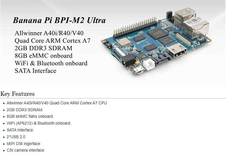 Banana Pi BPI M2 Ultra A40i Single Board Computer with Quad Core ARM Cortex A7 CPU 2GB DDR3 RAM 8GB eMMC Onboard SATA WiFi Bluetooth Gigabit Ethernet GPIO Compatible with Raspberry Pi B+ Run ROM Image